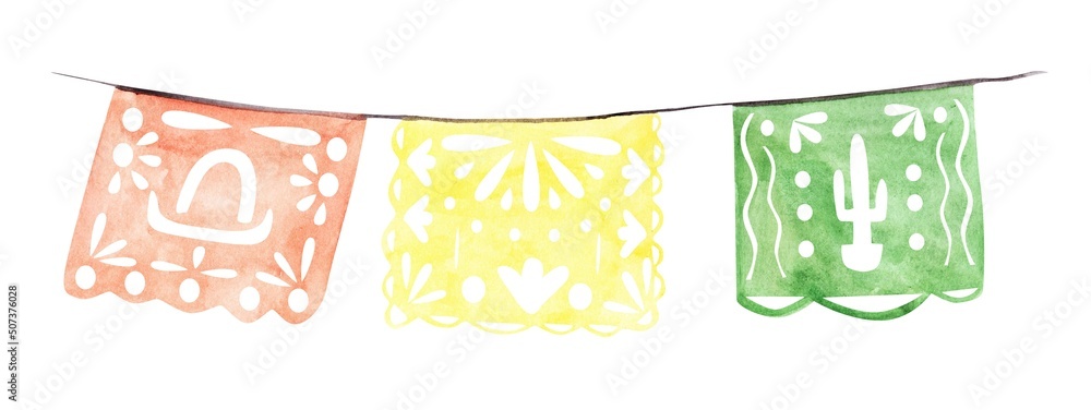 Papel Picado is isolated on a white background. Watercolor Mexican ...