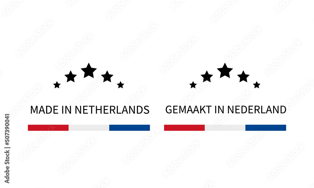 Made in Netherlands labels in English and in Dutch languages. Quality ...