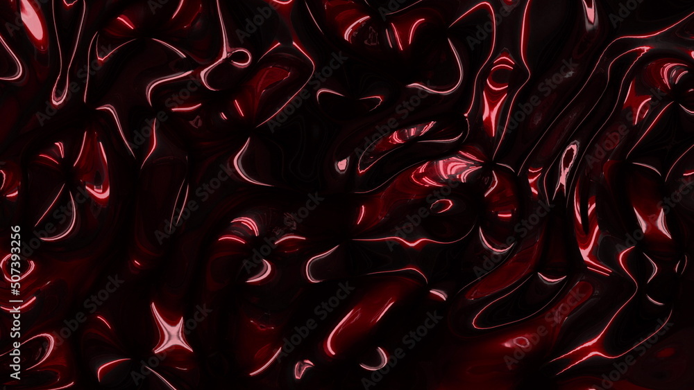 Iridescent metallic vibrant dark red color surface with moving ripples ...