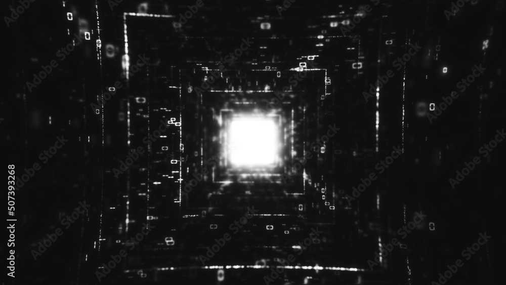 Flying Through Digital Data technologic tunnel. Big Data Digital tunnel square with futuristic ...