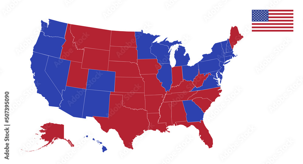 Map of blue and red states. Each state separately. American flag. Flat ...
