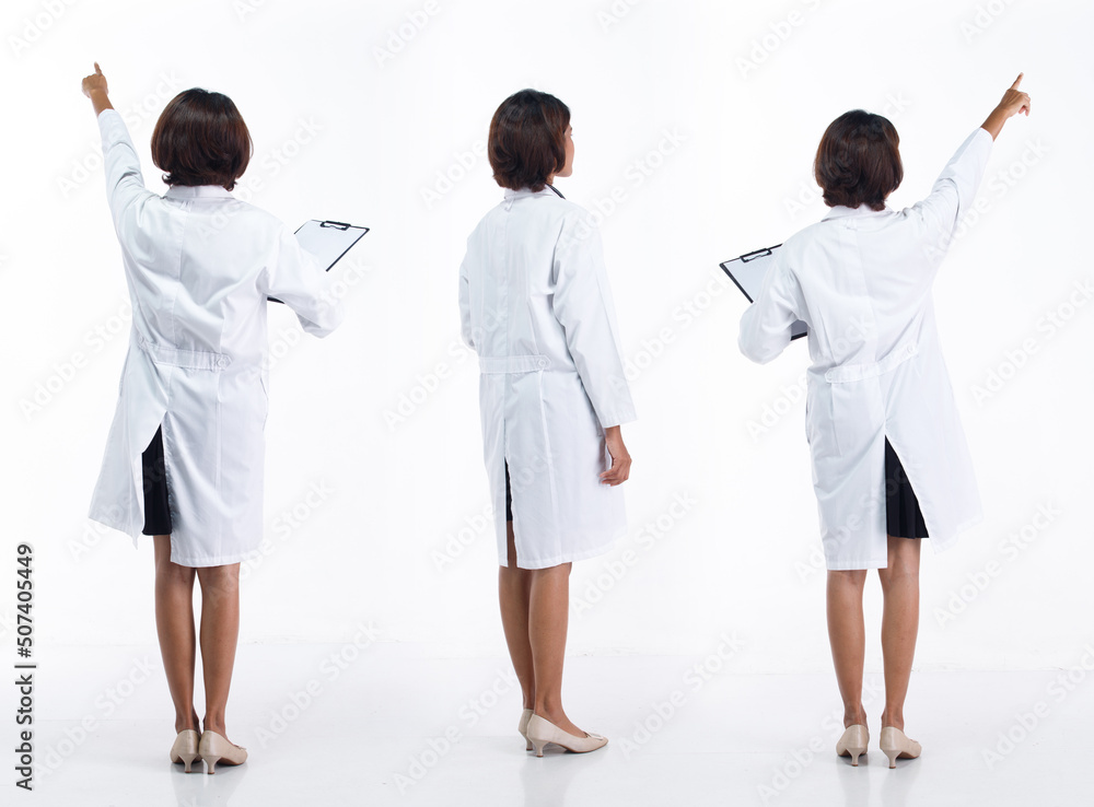 Full length 20s young Asian Doctor Woman wear stethoscope; uniform coat ...