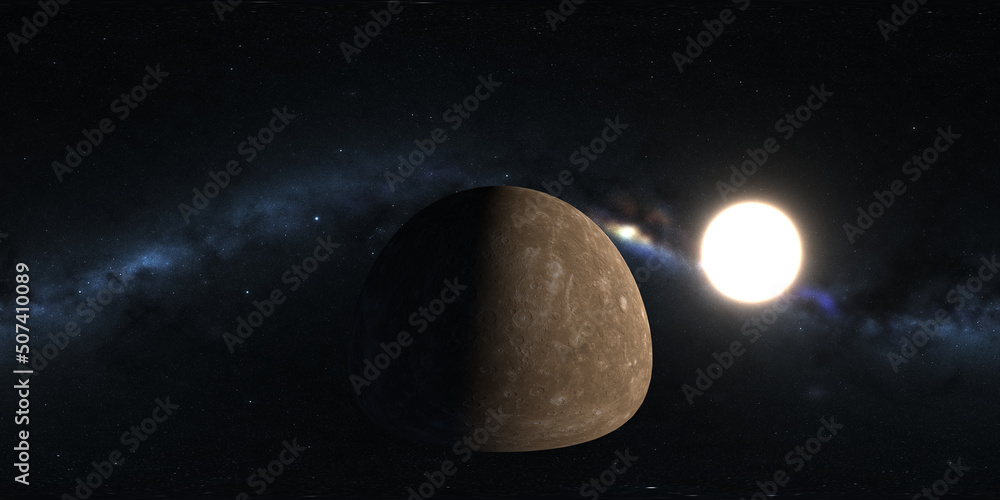 360 degree space background with Planet Mercury with young stars ...