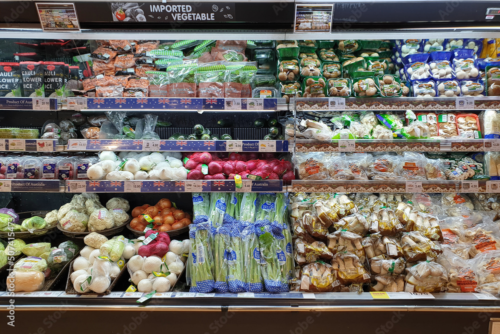 PENANG, MALAYSIA - 27 JAN 2022: Interior view of the huge refrigerator ...