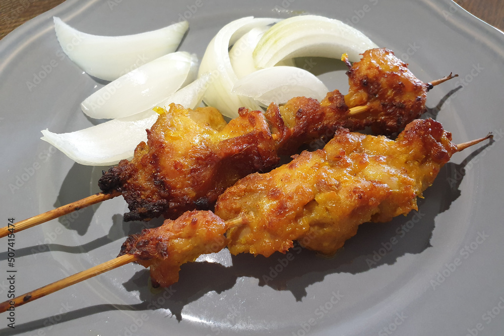 Malaysian chicken satay with delicious sweet onion. Penang famous local ...