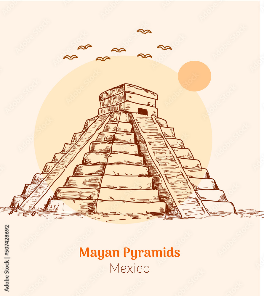 mayan pyramids - Mexico hand drawing vector illustration Stock Vector ...