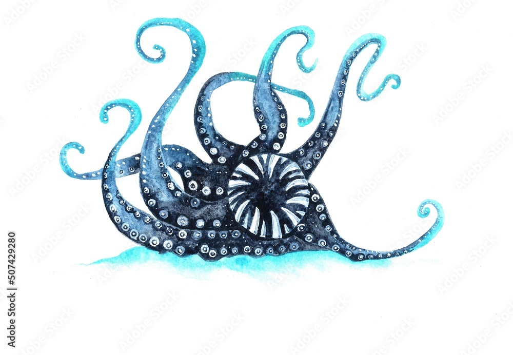 a watercolor turquoise sea monster with an open mouth and huge sharp ...
