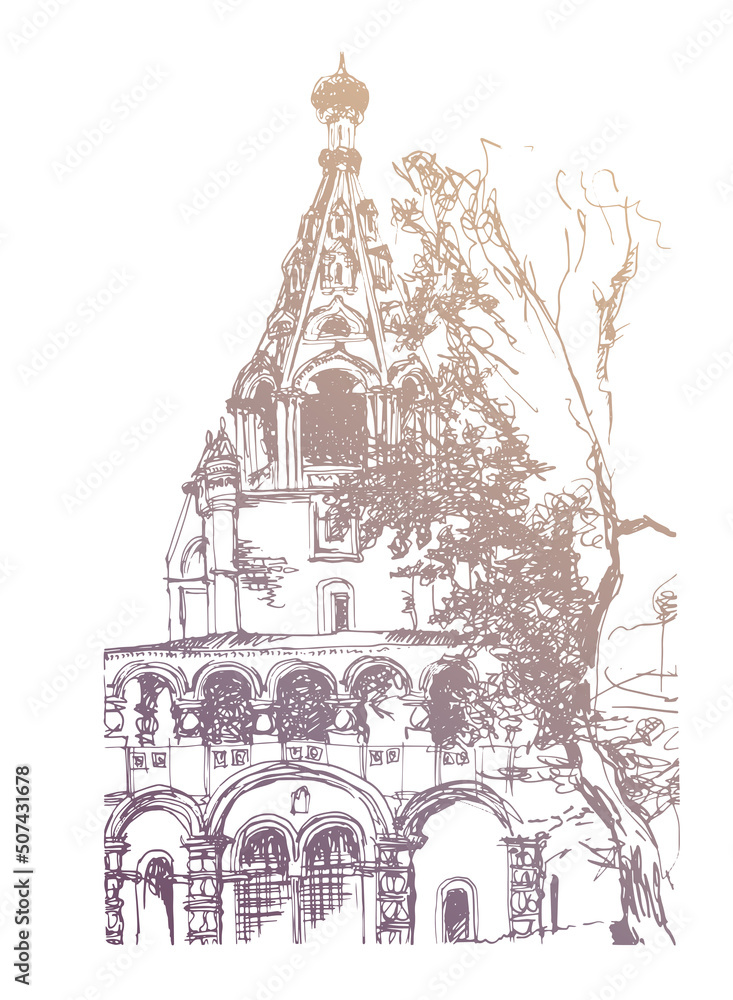 Vector traced gold colored architectural sketch of ancient bell tower ...