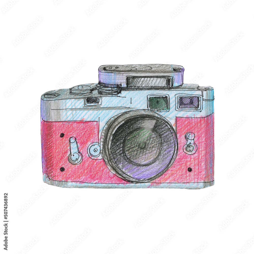 Abstract drawing of a camera with colored pencils on paper, isolated on ...