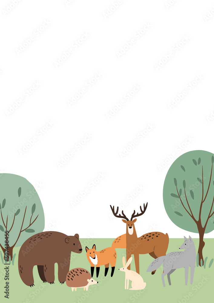 woodland fox, deer, wolf, hare, rabbit, hedgehog, bear animals frame ...