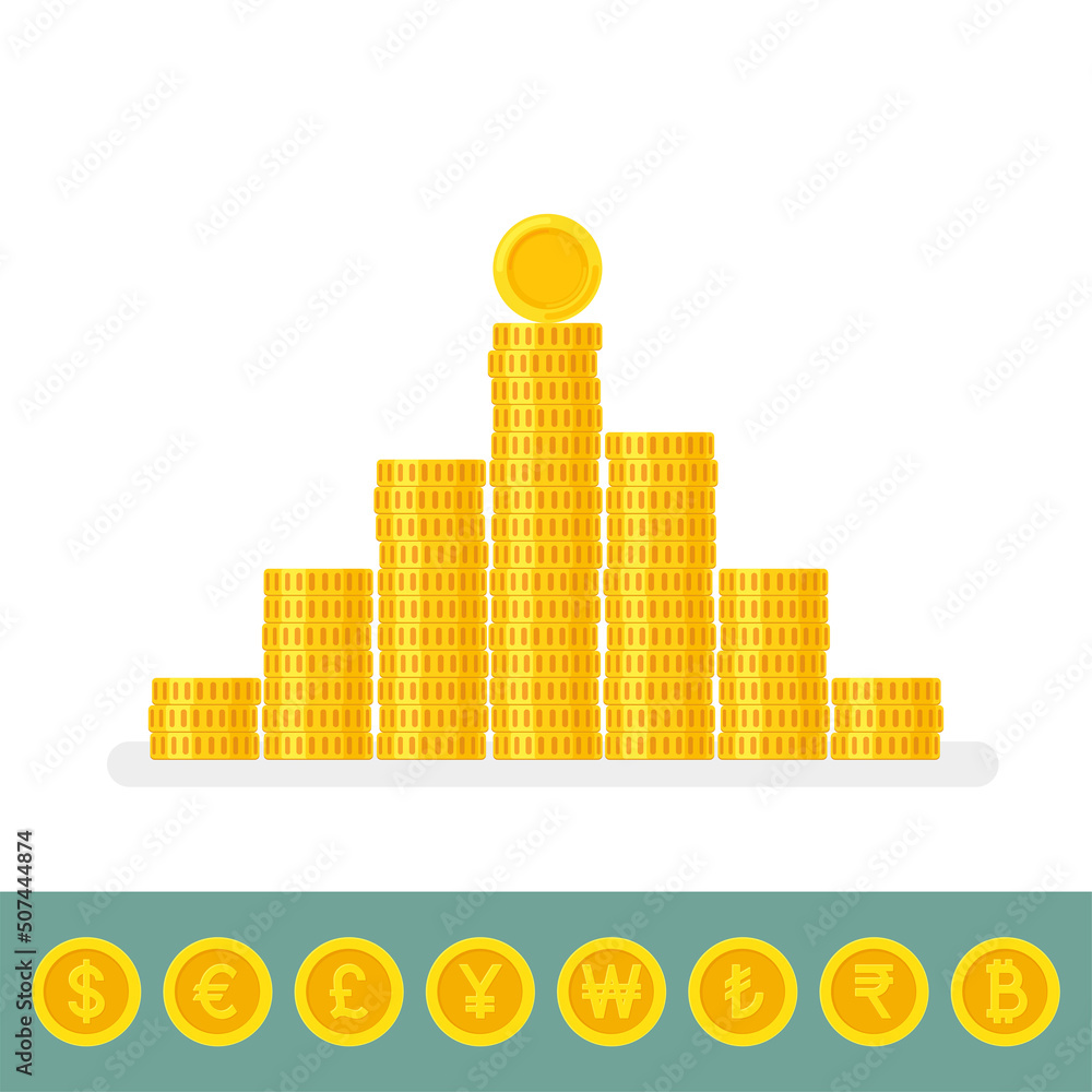 Gold coins stacked in pyramid shape with empty coin on top and set of ...