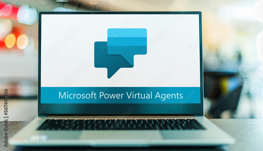 Laptop computer displaying logo of Microsoft Power Virtual Agent Stock ...