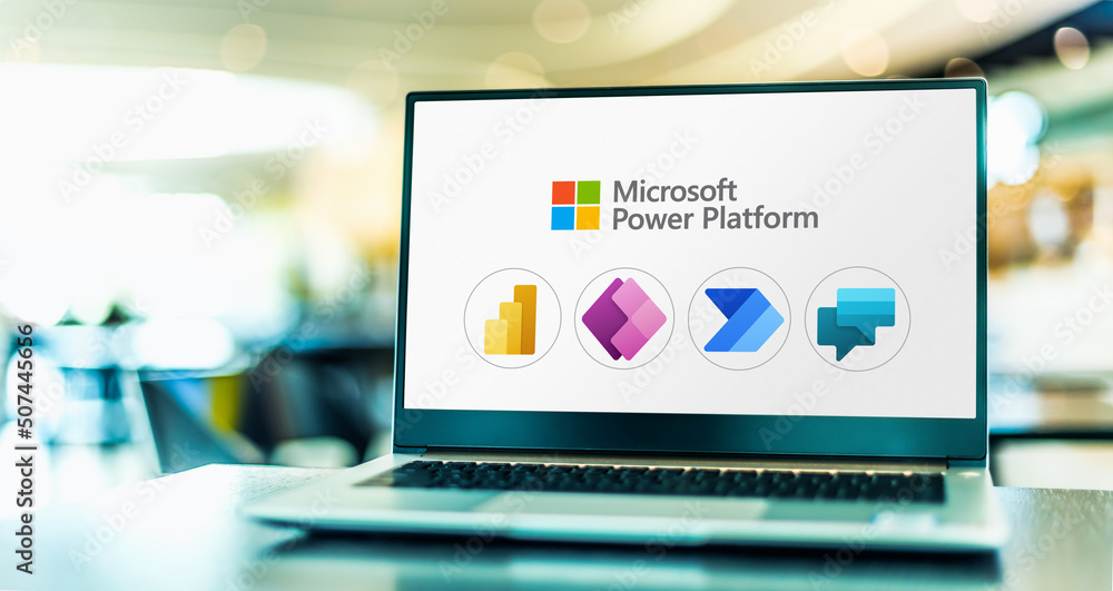 Laptop computer displaying icons of Microsoft Power Platform Stock ...