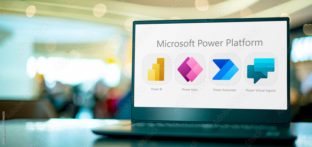 Laptop computer displaying icons of Microsoft Power Platform Stock ...