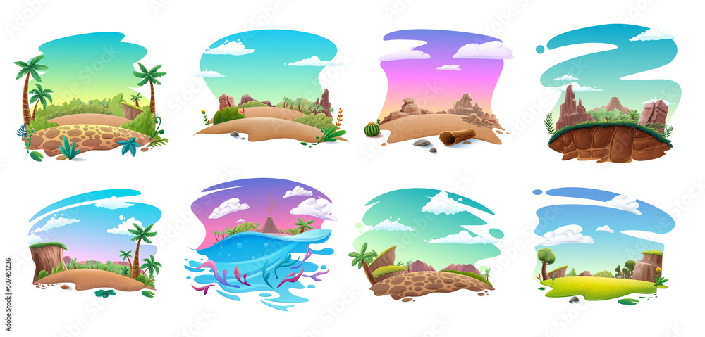 set of cartoon illustrations landscapes with plants nature mountains ...