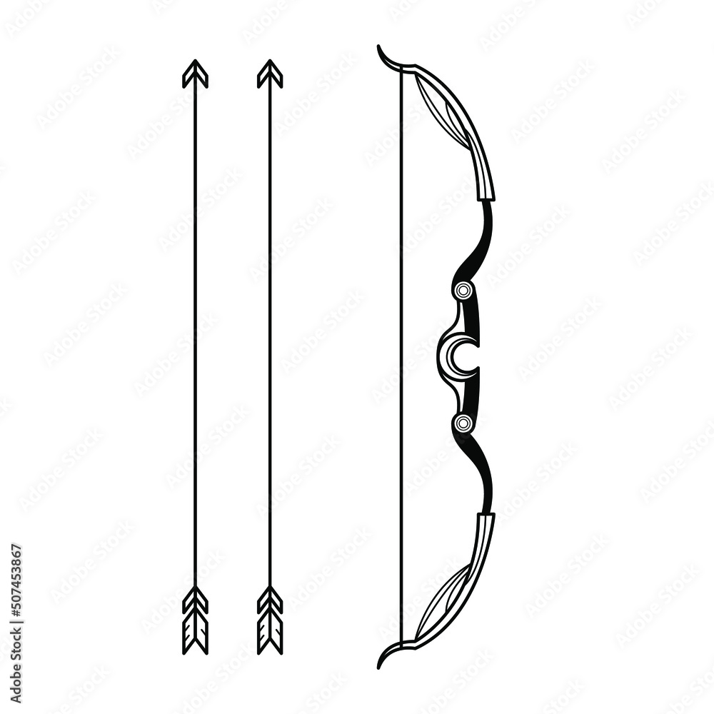 Abstract Black Simple Line Bow With Arrows Weapon Doodle Outline ...