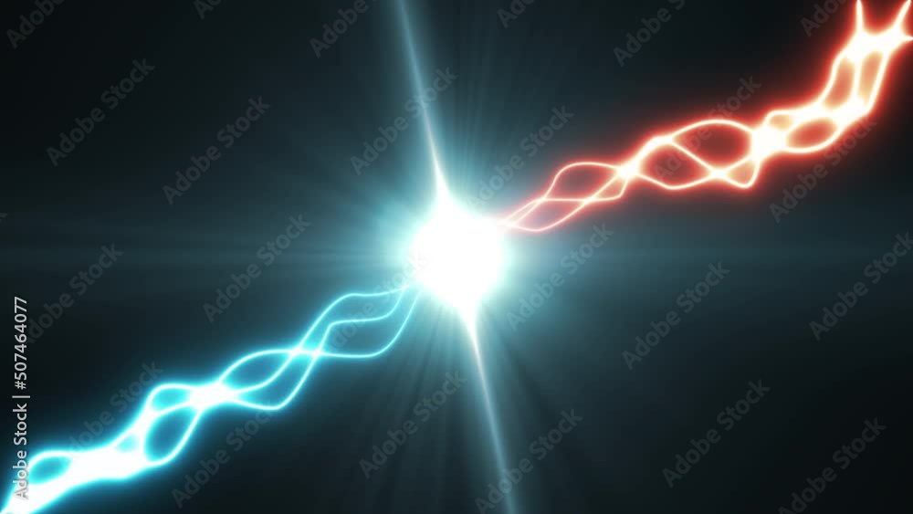 Electric discharge collision. Blue and red impulse shock energy ...