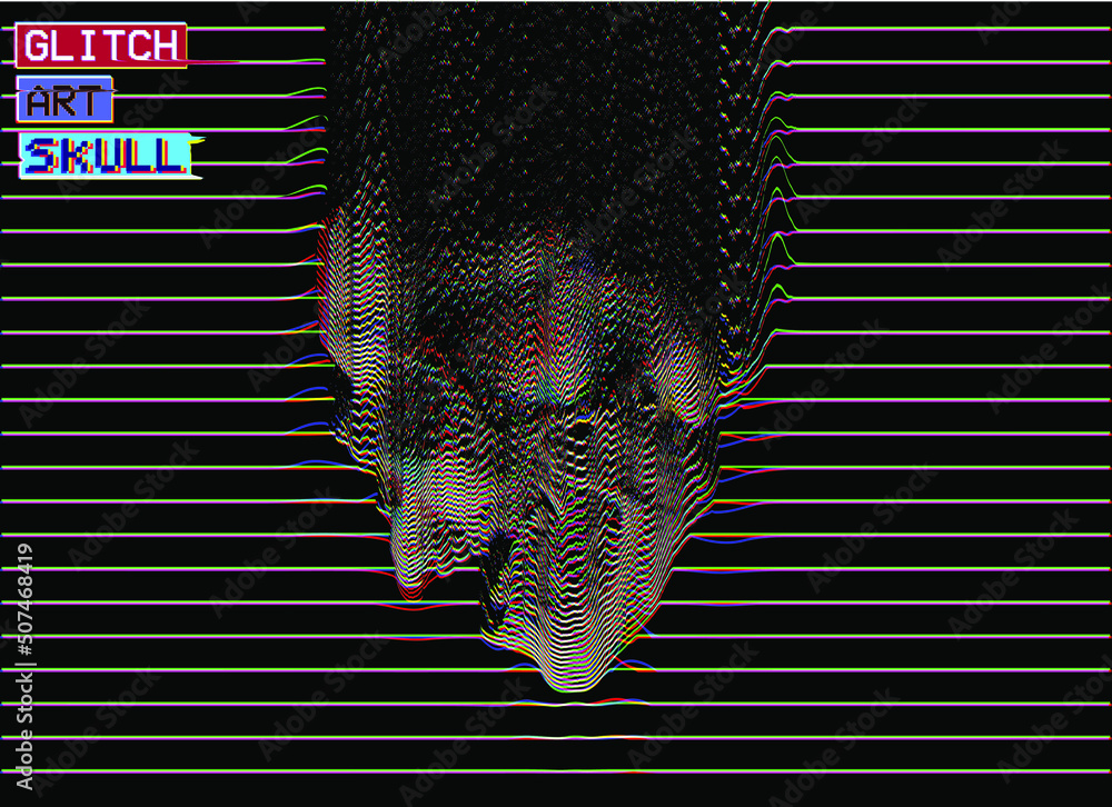 Glitch Art Skull. Vector RGB color offset design of evaporating ...