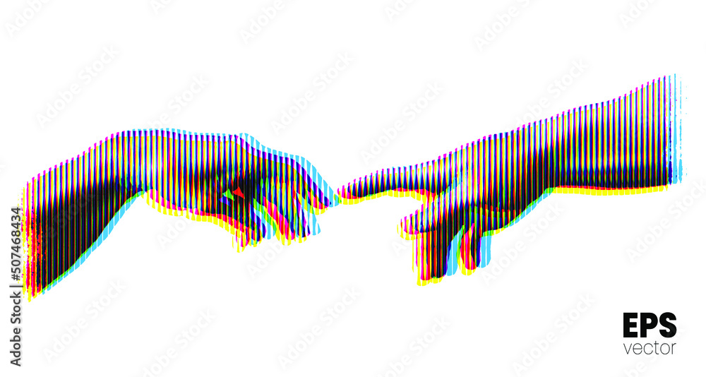 Vector illustration of hands reaching out for touch in RGB color offset ...