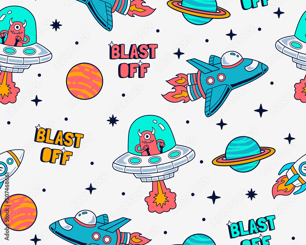 Hand drawn space elements seamless pattern. Space background. Space ...