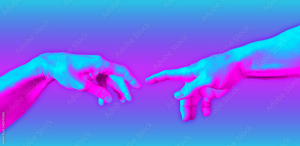 Hands reaching. Digital illustration of photographic hands in pink and ...