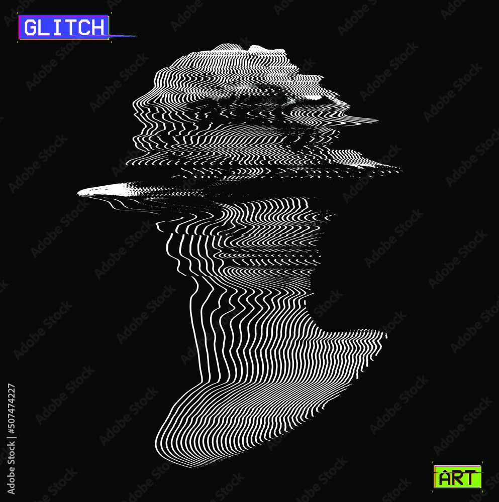 Vector distorted wavy oscillator white line halftone illustration of male classical head ...