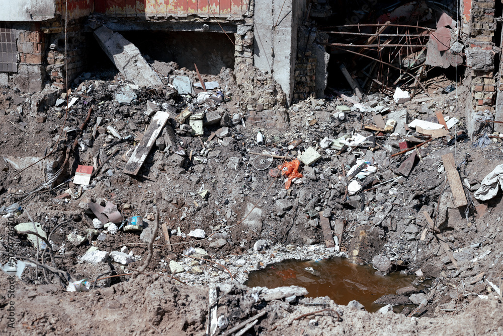 Explosion of an air bomb near the entrance of a residential building. A ...