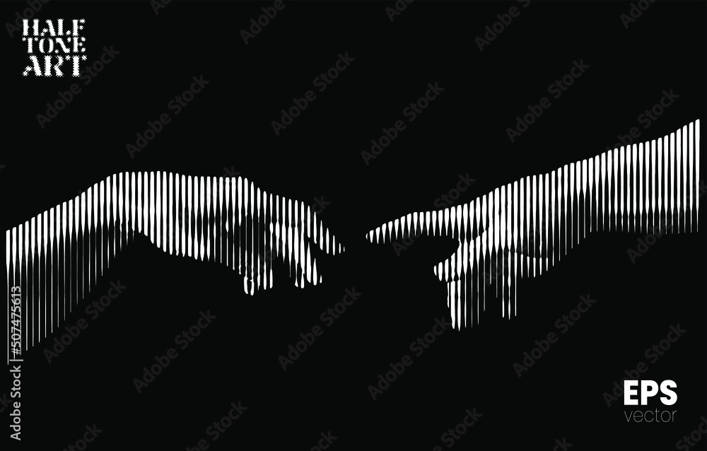 Halftone Art. Vector illustration of hands reaching out for touch in black and white vertical ...