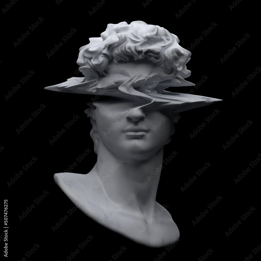 Glitch art monochrome illustration of white marble classical head ...