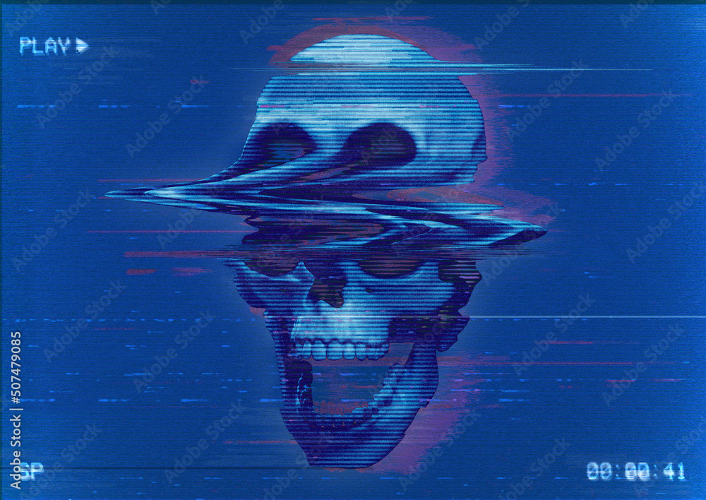 Concept illustration of digital glitch art screaming skull on blue ...
