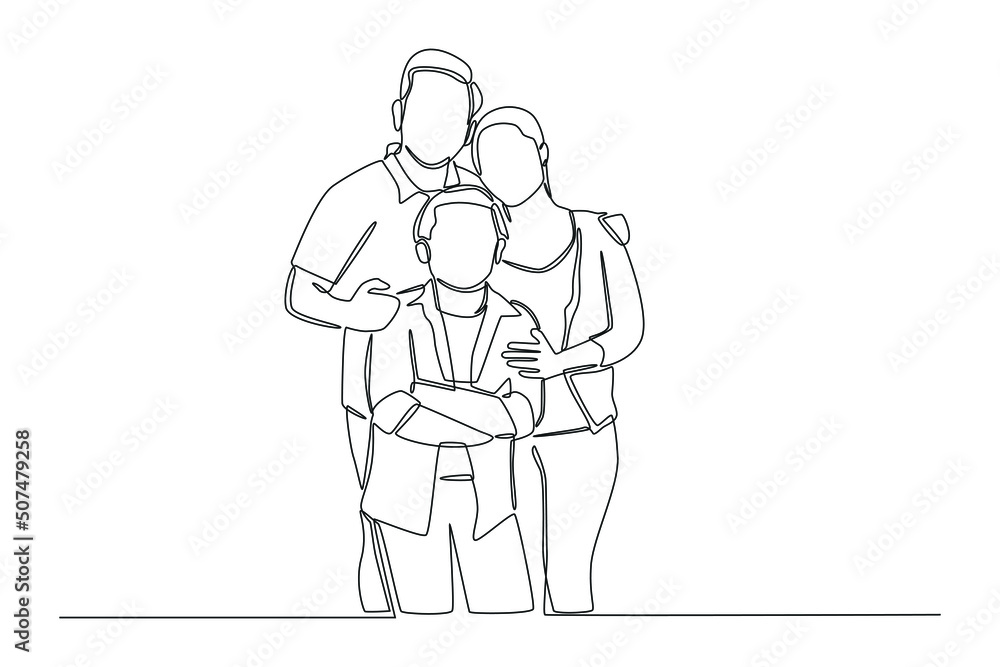 Single one line drawing portrait small family mother, father and boy ...