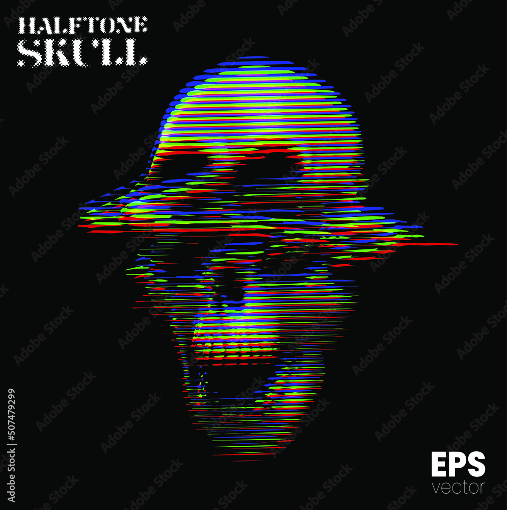 Halftone Skull. Vector illustration from 3d rendering of glitched ...