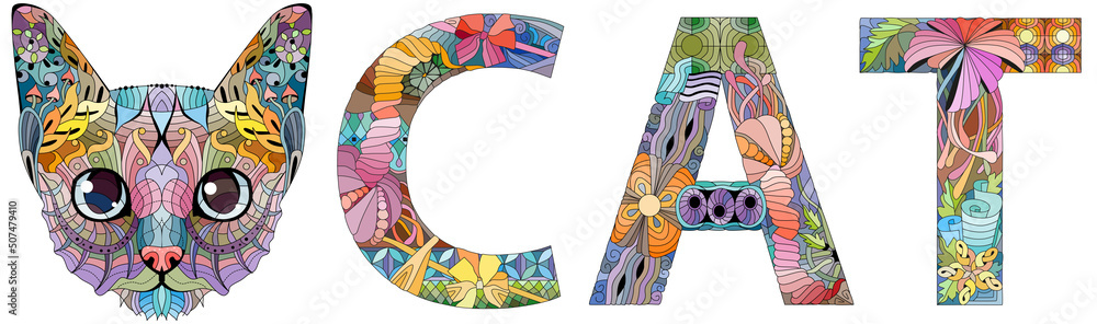 Word CAT with a head of cat. Vector decorative zentangle object Stock ...