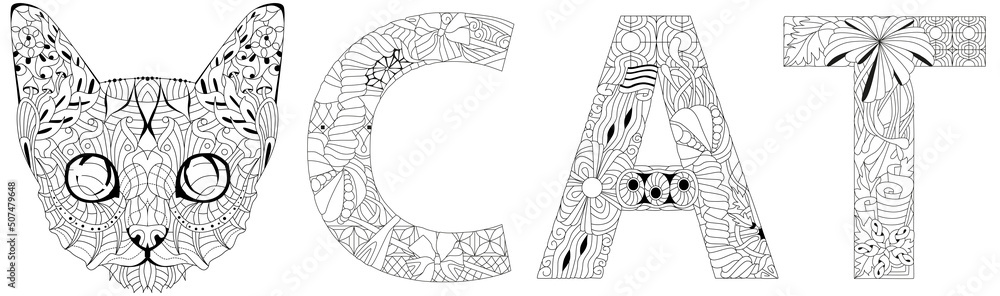 Word CAT with a head of cat. Vector decorative zentangle object for ...