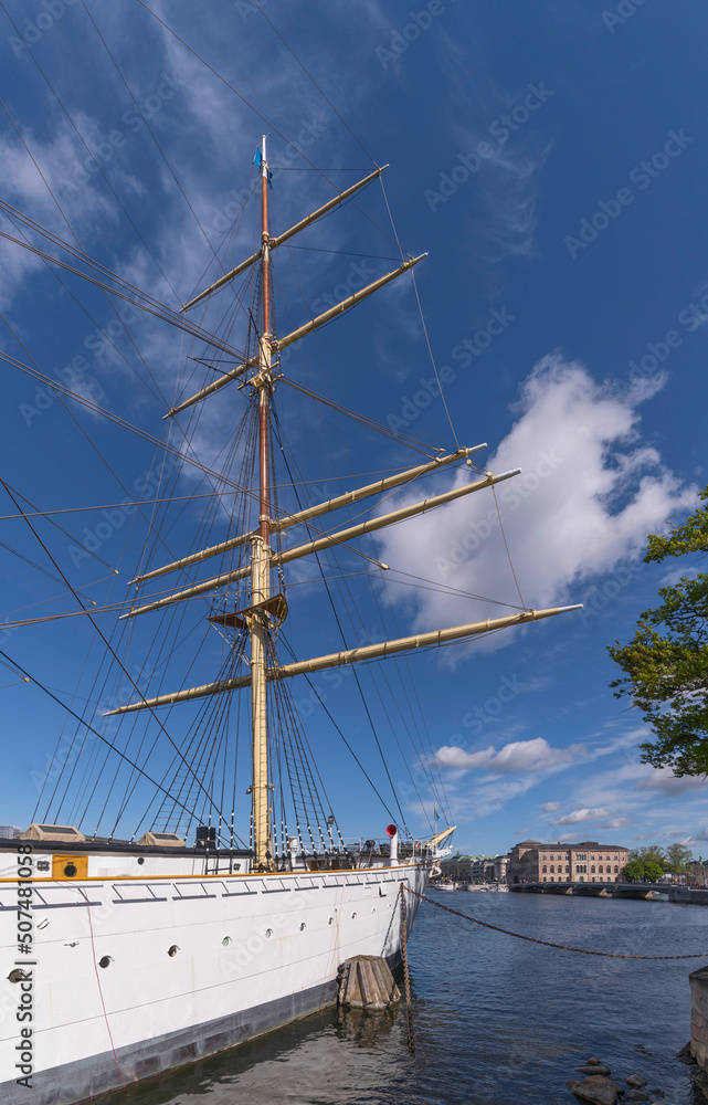 Pier fore view of the hostel three masts fully rigged new restored ship ...
