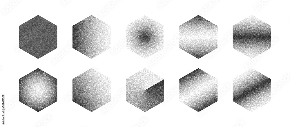 Various Hexagon Abstract Shapes Stipple Hand Drawn Dotwork Vector Set ...
