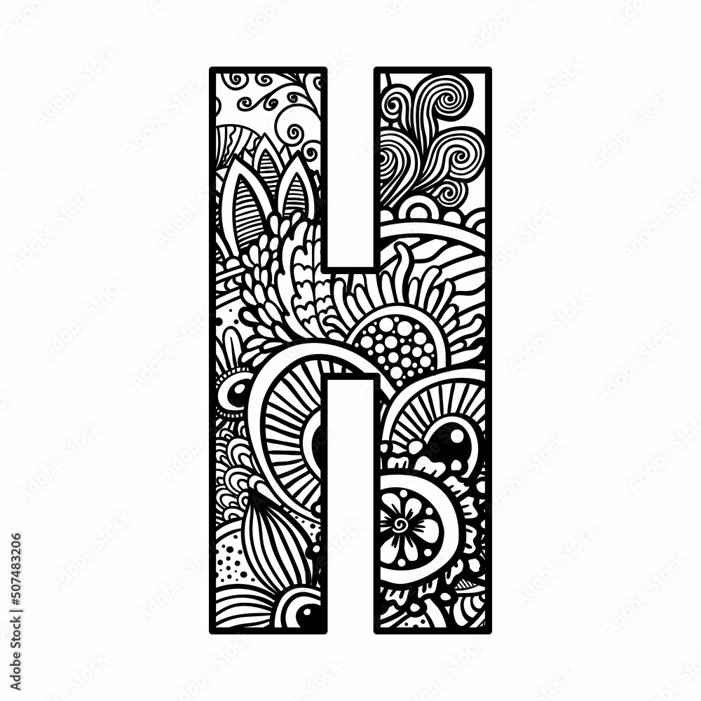 Zentangle letter H monogram font. Vector ornamental and decorative ...