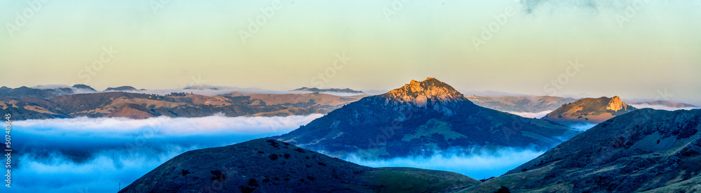 Panorama of cloud inversion, fog, mountains, valley Stock-Foto | Adobe ...