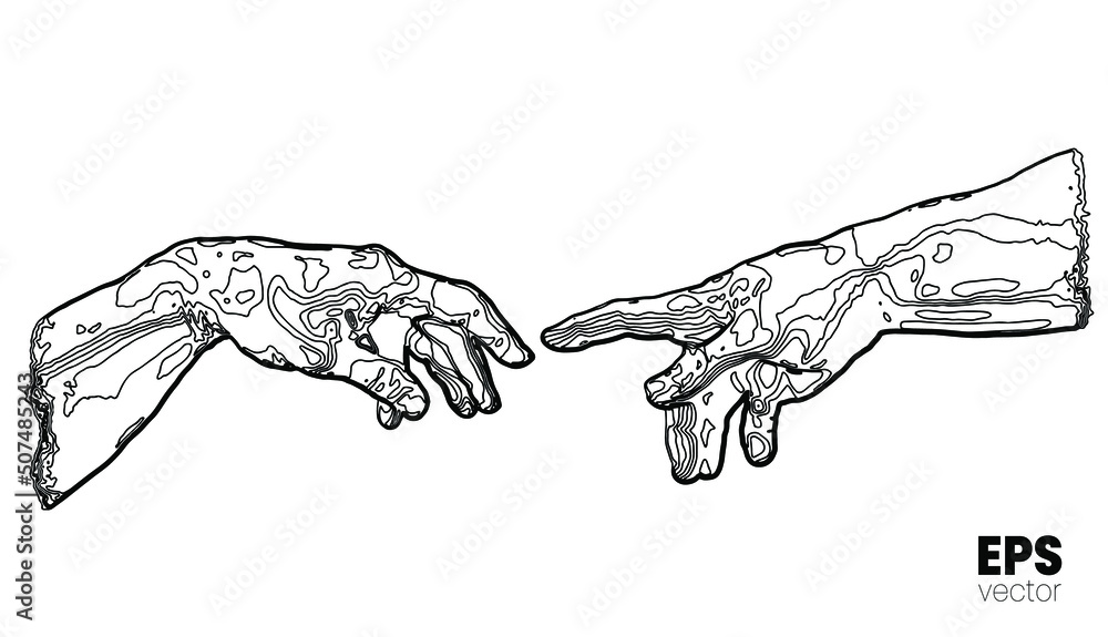 Vector illustration of hands reaching out for touch in black relief ...