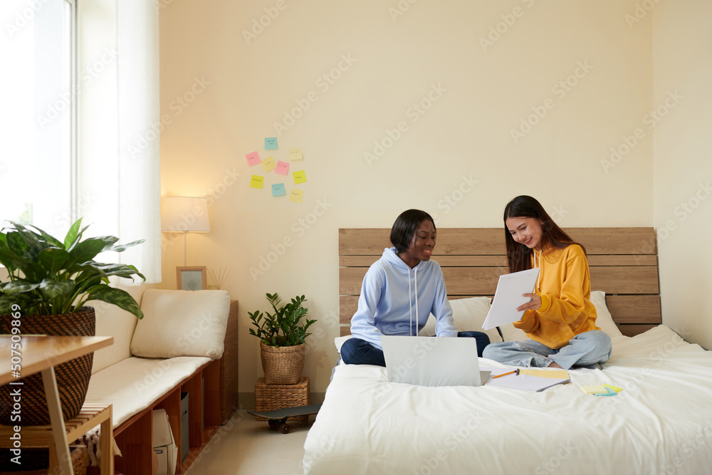 Poster Smiling teenage girl showing friend chart she made for school ...