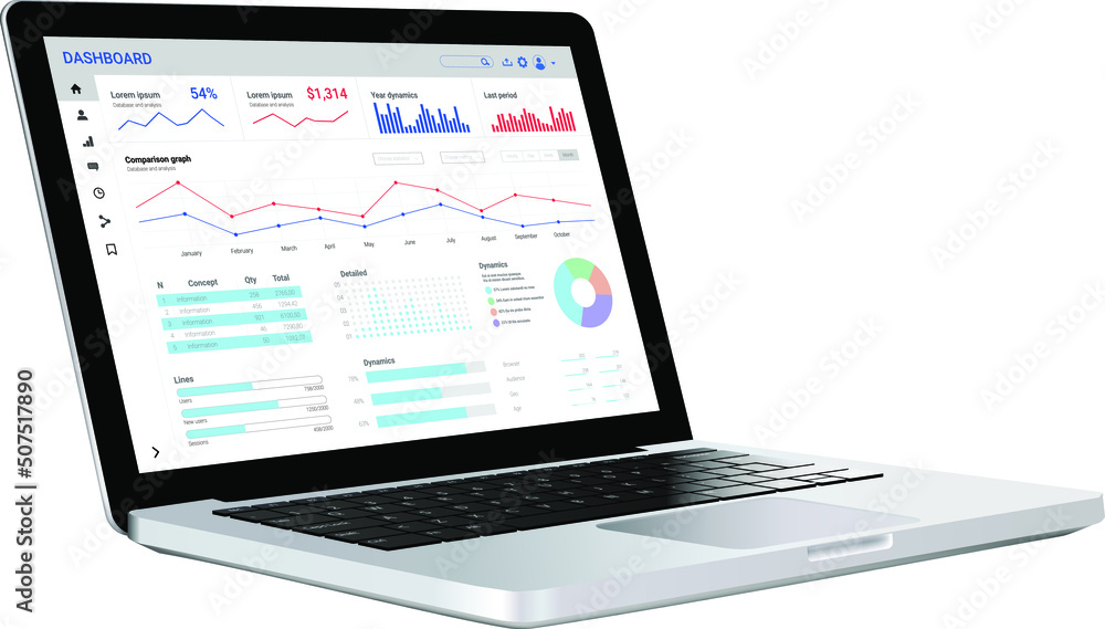 Realistic laptop with dashboard for sales or marketing vector mockup ...