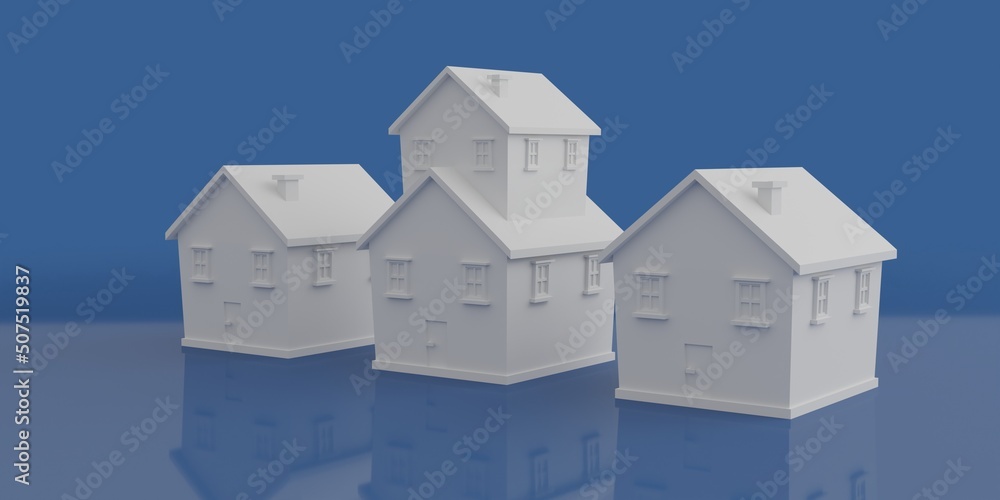Digital 3D render of lowpoly monotone single color houses plain ...
