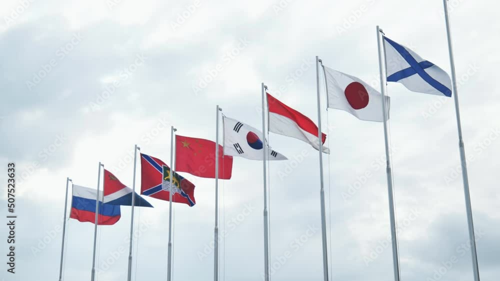 Flags of the maritime countries of East Asia. Stock Video | Adobe Stock