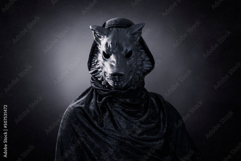 Wolf in hooded cloak at night over dark misty background Stock Photo ...
