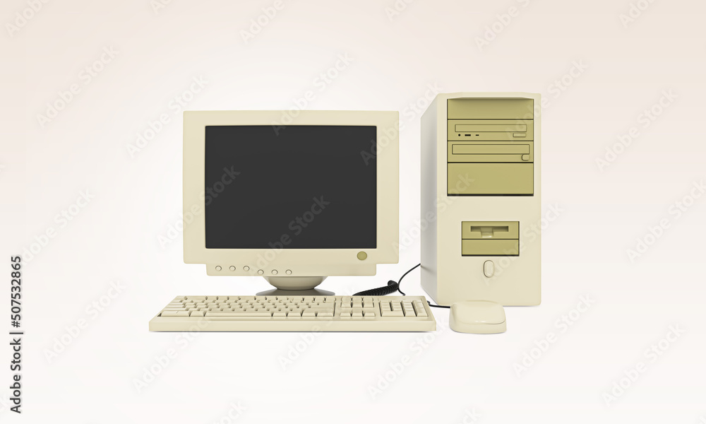 Old vintage desktop computer With keyboard and mouse. Old fashioned ...