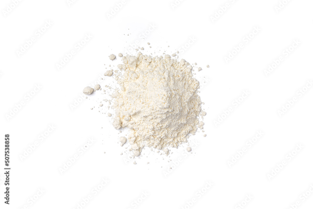 Pile of Powdered Cheddar cheese powder heaped on a white background ...