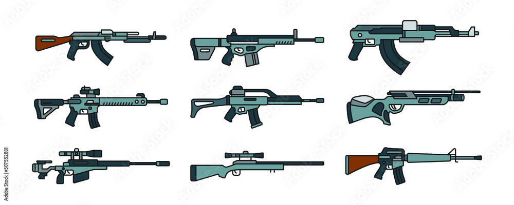 a collection of long barrel firearms illustrations. set of military gun ...