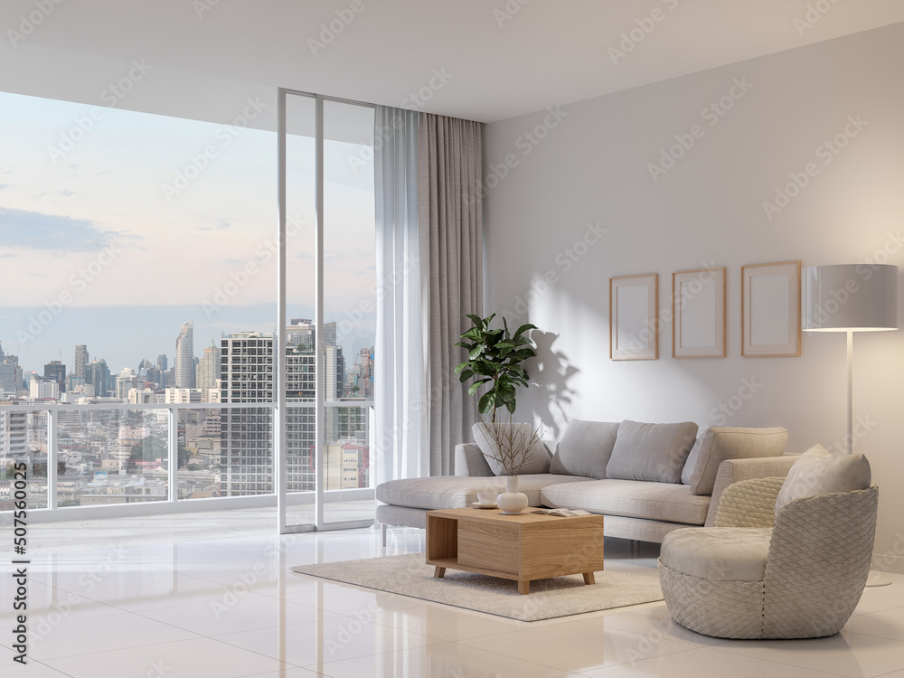 Modern style white living room with large open door overlooking city ...