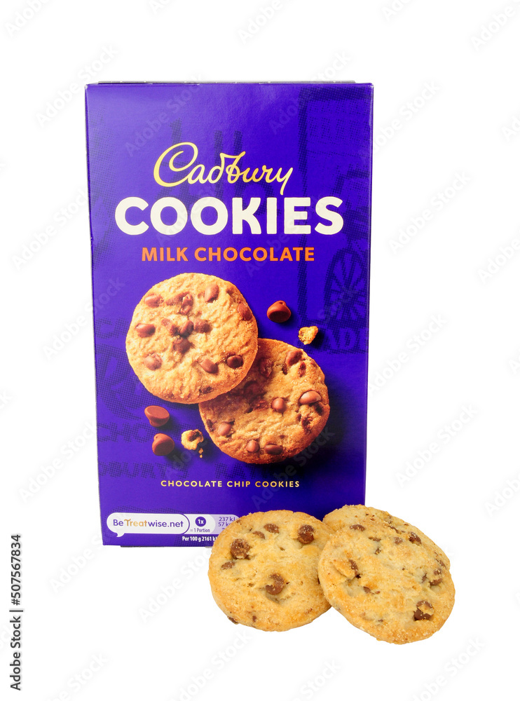 Cadbury milk chocolate chip cookies in a 150g box Stock Photo | Adobe Stock