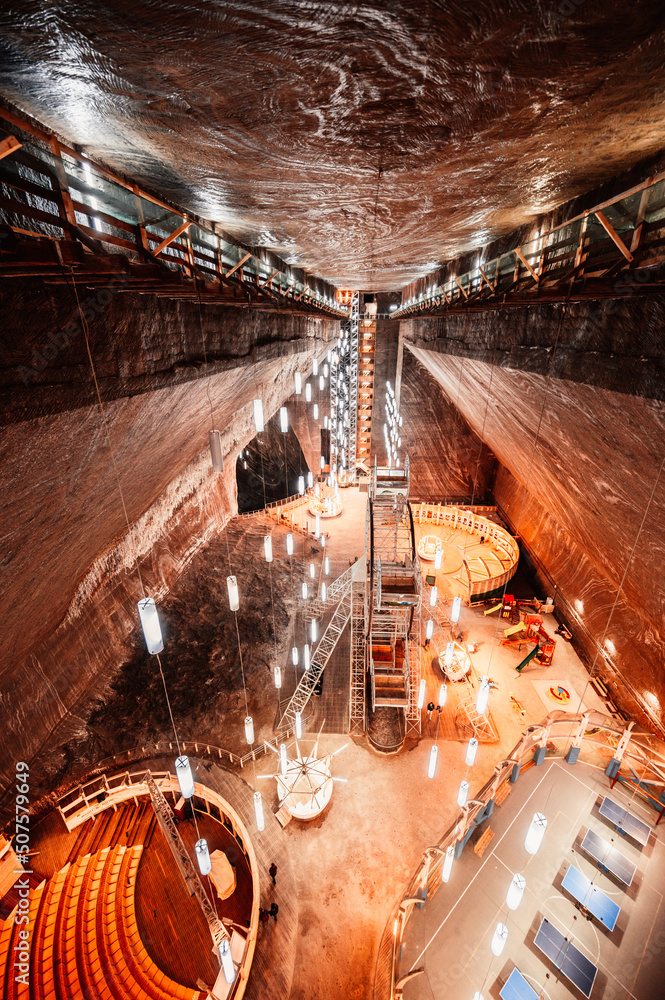 Underground theme park in big salt mine Salina Turda, Turda in Romania ...